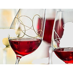 Barski Wine Glass, Goblet, Crystal Glass, Set of 2 Glasses, with Gold String Design, Made in Europe, 14 oz.