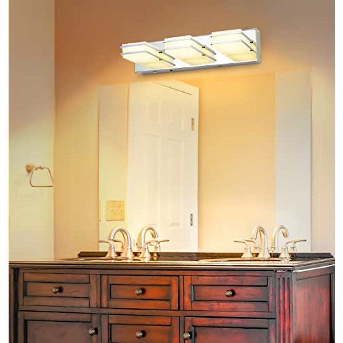 3 Color Temperature Dimmable Bathroom Light Fixtures over Mirror LED Chrome 3 Light Bathroom Vanity Light Fixtures Acrylic Stainless Steel Square Shade Vanity Lights for Bathroom, ETL Certificated