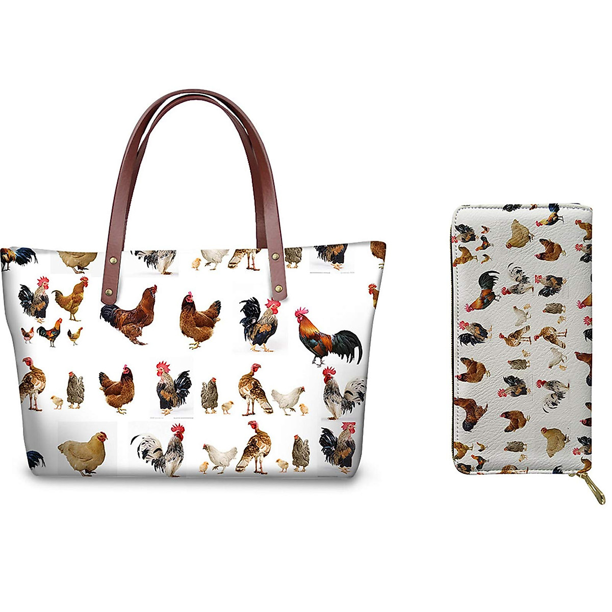 Belidome Animal Rooster Chicken Design Women Handbag Set with Long Purse