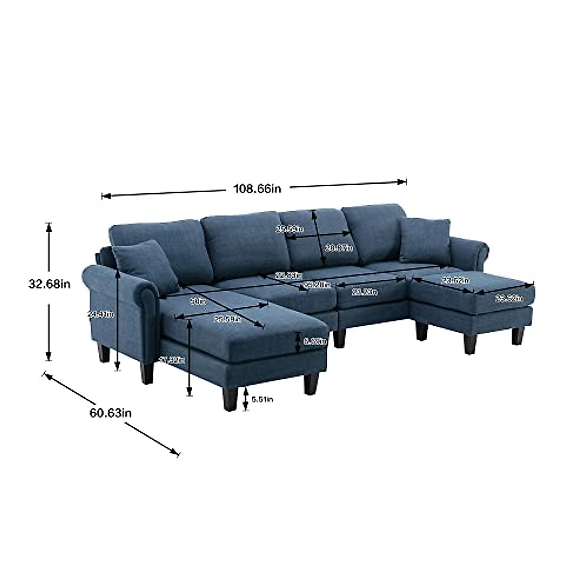 108.66"L Shape Corner Sofa with Ottoman and 2 Pillows U Shaped Long Couch for Living Room Sofa with Chaise Comfortable Modern Mid Century Sectional Sofa for Home Apartment Office (Navy Blue)