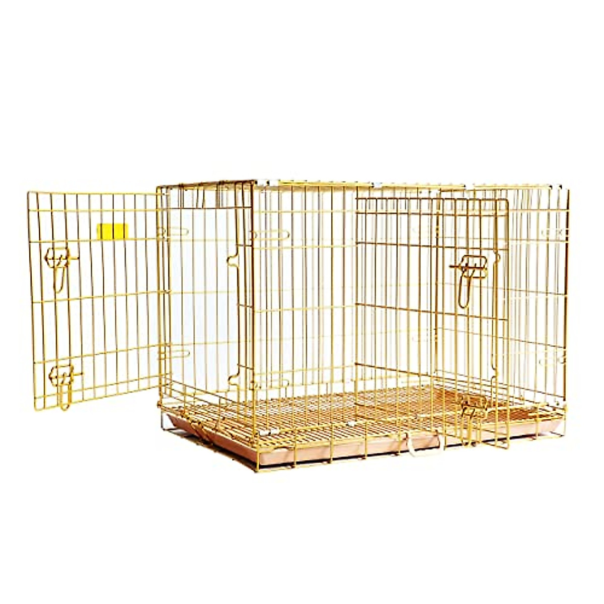 HOMEY PET Gold Dog Crate 36 Inch, Portable Folding Metal Wire Dog Kennel Pet Dog Cage with Removable Floor Grid, Pull Out Leak-Proof Pan, Double Doors, Handle for Medium Dogs, Indoor Outdoor Travel