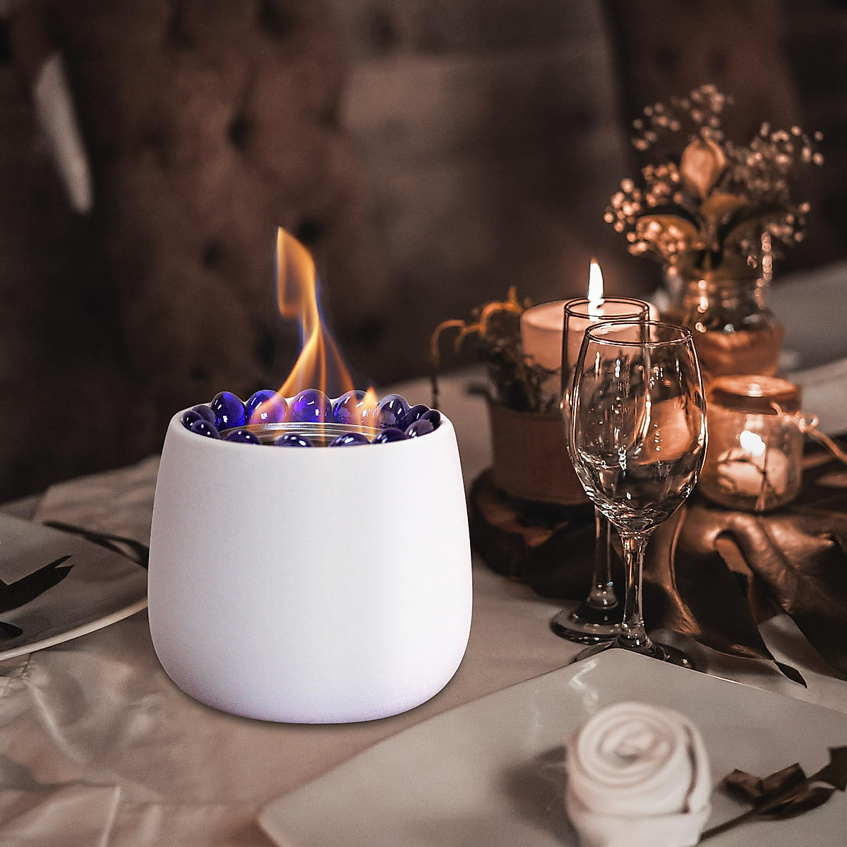 Tabletop Fire Bowl - Fire Pit, Small Alcohol Fireplace for Indoor and Outdoor Use Patio Decor White