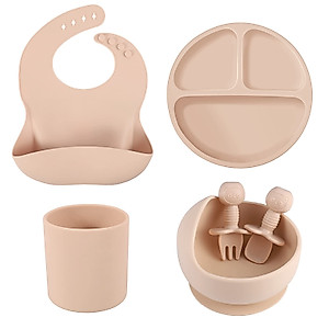 Pimoys 6 Pack Silicone Baby Feeding Set Baby Led Weaning Supplies Suction Bowl Plate Bib Tiny Cup Toddler Dishes with Fork & Spoon, Baby Eating Utensils Microwave & Dishwasher Safe