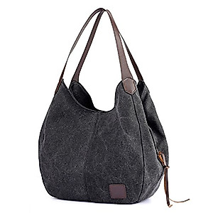 Hiigoo Fashion Women's Multi-pocket Cotton Canvas Handbags Shoulder Bags Totes Purses (Black)