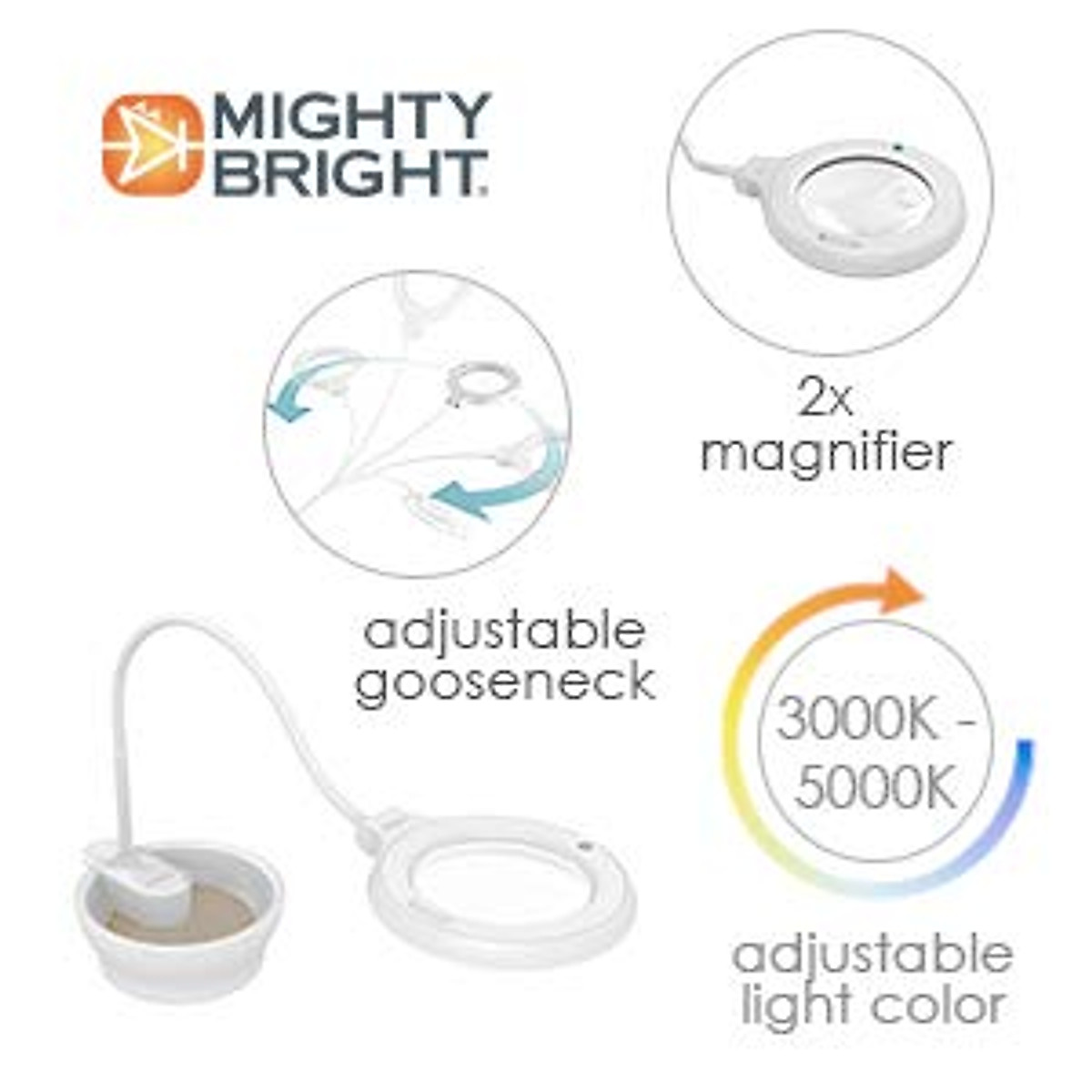 The Original Mighty Bright LED Task Light and Magnifier Lamp, Clip-On or Free-Standing, Color-Adjustable (Warm Eye-Care Light to Bright White), 2X Magnifier w/ 5X Bifocal, Touch-Activated, Dimmable