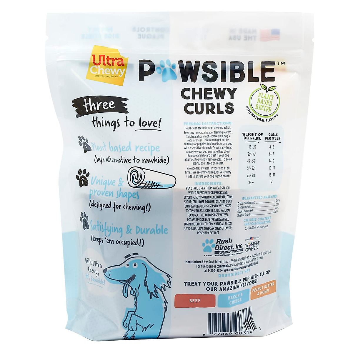 Ultra Chewy Pawsible Chewy Curls - Plant-Based Dog Treats Made in USA, Bacon and Cheese Flavor - Healthy, Wholesome Reward, Easy to Digest Rawhide Free Snack - 7 Count