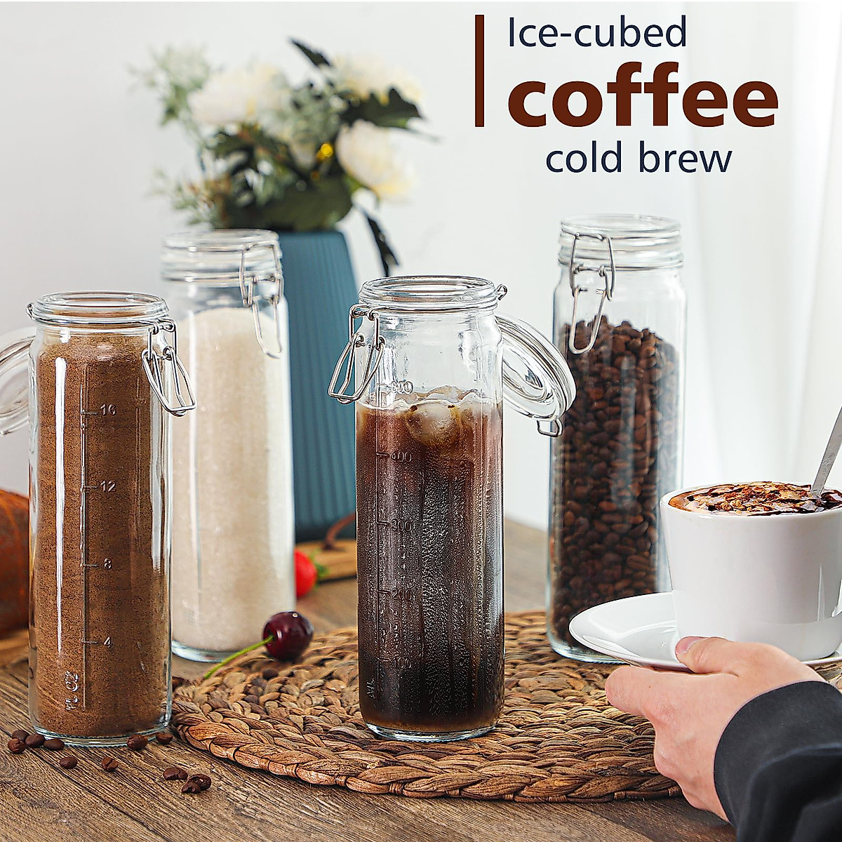 Folinstall 6 Pack 20 oz Tall Glass Jars with Airtight Lids for Vanilla Extract, Leak proof Glass Drinking Bottles(600ml) with Silicone Seal for Water, Juice, Milk, Ice tea