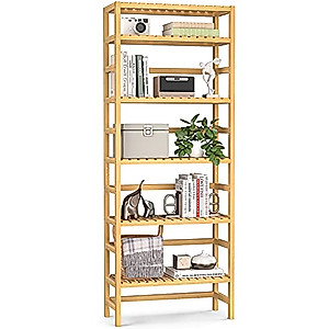 Homykic Bookshelf, 6-Tier Bamboo Adjustable 63.4” Tall Bookcase Book Shelf Organizer, Free Standing Storage Shelving Unit for Living Room, Kitchen, Bedroom, Bathroom, Office, Rust Resistance, Natural
