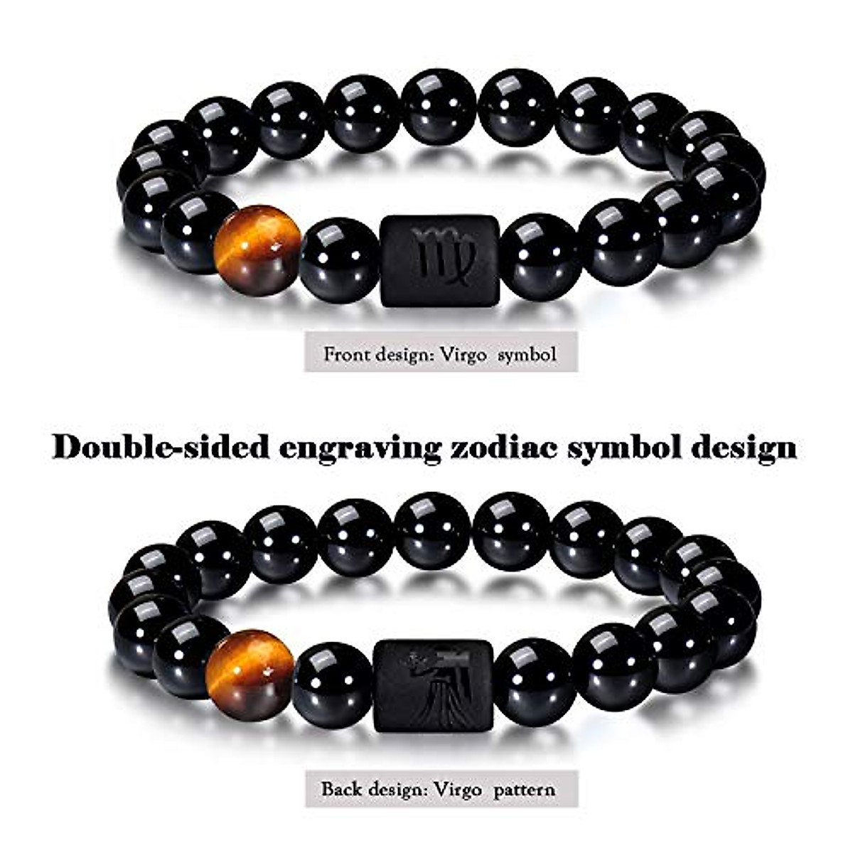 VLINRAS Zodiac Virgo Bracelet for Men Women Virgo Gifts Natural Black Onyx Stone Zodiac Charm Bracelet Constellation Horoscope Jewelry