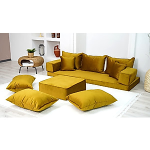 Gold Velvet Fabric Floor Seating, Sectional Sofa, Velvet Floor Sofa, Meditation Sofa, Arabic Floor Sofa Set, Floor Couches (Sofa Full Set, 4'' Thickness Sofa)