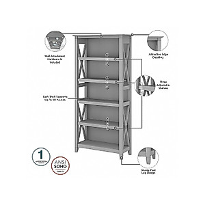 Bush Furniture Key West Bookcase Shelf in Cape Cod Gray | Farmhouse Bookshelf Display Cabinet for Library, Bedroom, Living Room, and Office