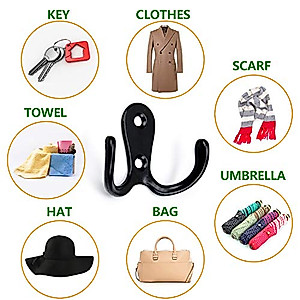 OUSHINAN 21 Pieces Double Prong Robe Hook Rustic Hooks Retro Cloth Hanger Coat Hanger Wall Mounted Hook with 42 Pieces Screws (Black Color)
