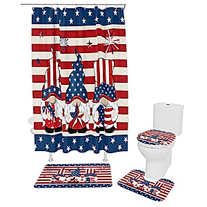 Comforance 4 Pcs Shower Curtain Set with Rug, Independence Day Star Bathroom Curtains Shower Set Toilet Mat Lid Rug Bathroom Sets Shower Curtain Sets with Hooks, Cute Gnomes Red Blue Stripes