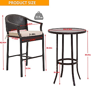 FHFO 3 Piece Outdoor Patio Heigh Bar Table and Chairs Set, Wicker Bar Height Bistro Table Set of 2, All-Weather Rattan Height Bar Stools w/Cushions & Metal Table Top for Porch, Garden, Balcony-Beige