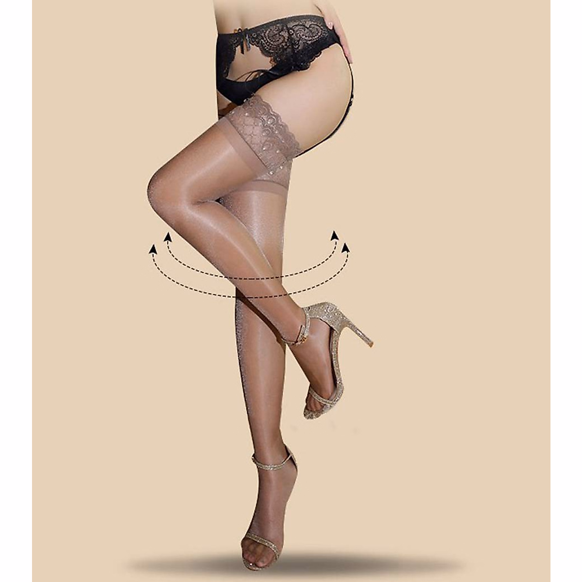 Long-Perfect 3 Pairs Ultra Shiny Lace Top Thigh High Silk Stockings Shimmery Glossy Sheer Antiskid Silicone Tights (Brown)