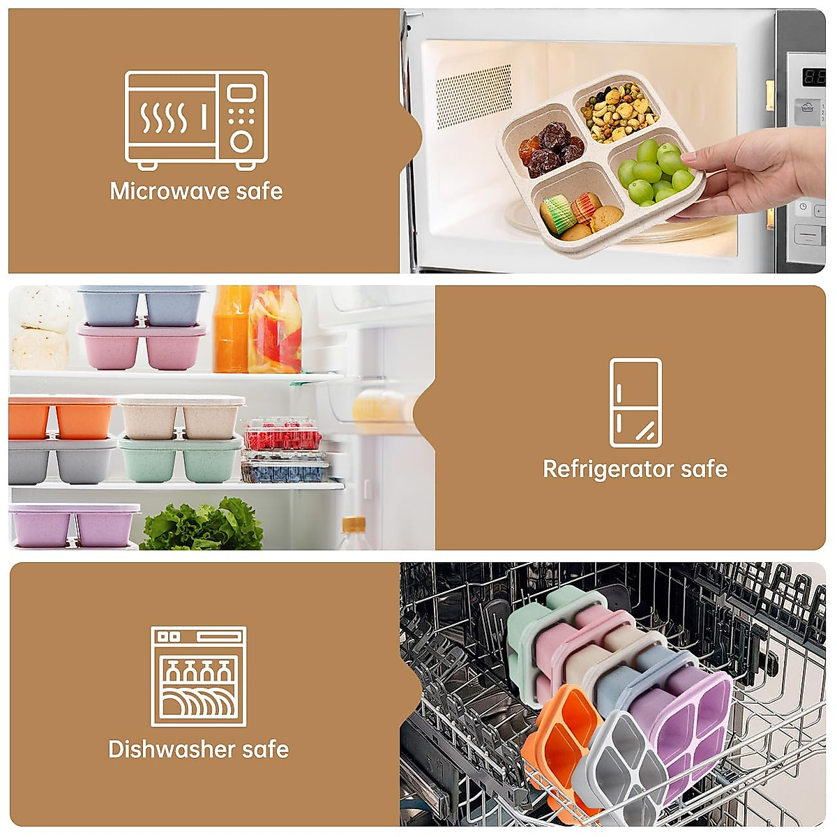 Luriseminger 7 Pack Bento Lunch Box ，4 Compartment Snack Containers，Divided Bento Snack Box，Meal Prep Lunch Containers, Lunch Box Kids/Toddle/Adults,Food Storage Containers for School, Work and Travel