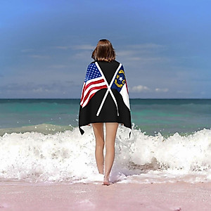 ADOSIA American and North Carolina Flag Beach Towel 32x52in Oversized Soft Absorbent Beach Towel