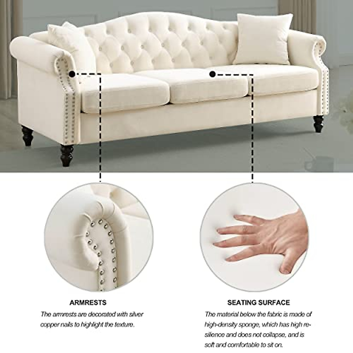 79" Velvet Chesterfield Sofa for Living Room,3 Seater Sofa Button Tufted Nailhead Trimming Curved Backrest Rolled Arms with Wood Legs with 2 Pillows,Bedroom,Office (Beige Velvet, 79*30*32")