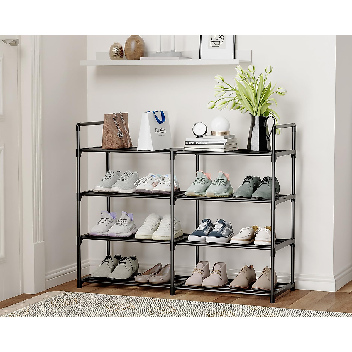 FIDUCIAL HOME 4 Tiers Metal Shoe Rack Organizer 16 Pairs Sturdy Shoe Stand for Closet Entryway, Stackable
