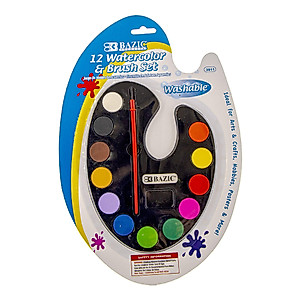BAZIC Watercolor w/Brush, 12 Colors Non-Toxic Paint Set, for Hobby Fun Art Supplies Vibrant Color Painting, Gift for Kids Artists Beginners, 1-Pack
