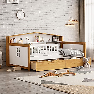 Wooden House Shape Daybed with Two Drawers and Bookcase Headboard,for Kids Girls Boys Teen Bedroom Use (Walnut/White@Drawers/, Twin)