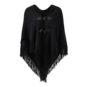 Ferand Women’s Loose Fitting Poncho Cape Shawl with Stylish Horn Buttons, V Neckline and V Hem, Black