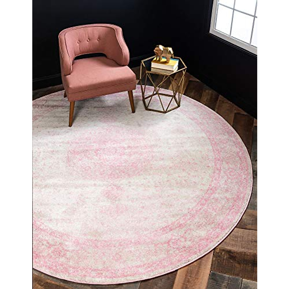 Rugs.com Dover Collection Rug – 3 Ft Round Pink Low-Pile Rug Perfect for Kitchens, Dining Rooms
