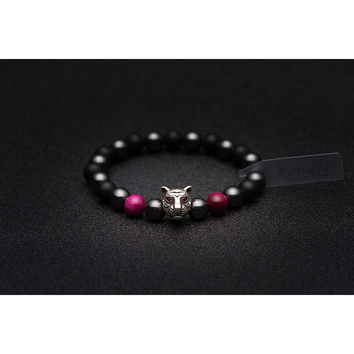 Karseer White Tiger Head Bracelet, Crystal and Healing Stones Rose Tiger Eye Magnetic Hematite Black Agate Therapy Energy Spirit Animal Stretch Bracelet for Women, Charkra Bracelet