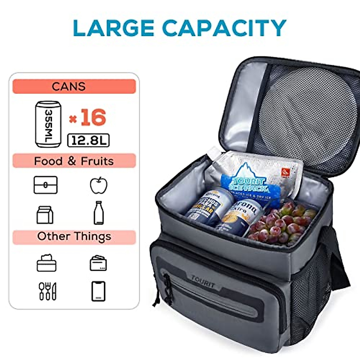 TOURIT Lunch Bag for Men Insulated Lunch Box for Men Leakproof Reusable Lunch Cooler Bag for Work, Office, Outdoor, Picnic, Dark Gray