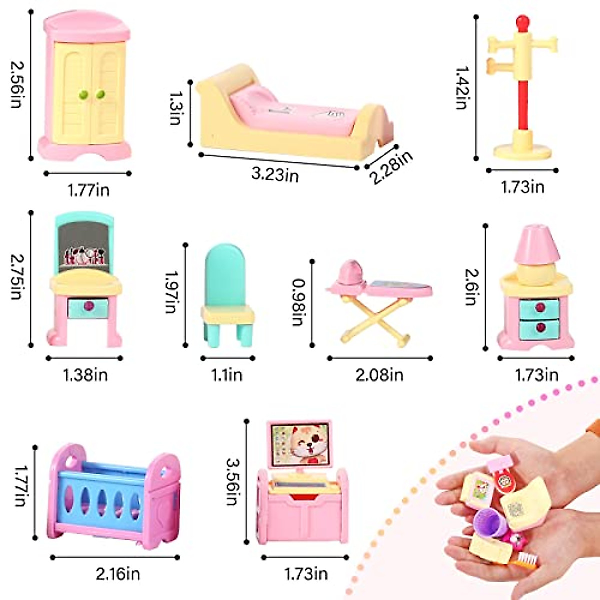 59 Pcs Dollhouse Furniture Accessories Sets Living Room Dining Room Bedroom Bathroom Miniature Doll House Furniture Plastic Pretend Doll Housework Cleaning Furniture Play Toy Gifts for Boy Girl Age 6+