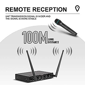 Debra Audio Pro UHF 4 Channel Wireless Microphone System with Cordless Handheld Lavalier Headset Mics, Metal Receiver, Ideal for Karaoke Church Party (with 4 Handheld (A))