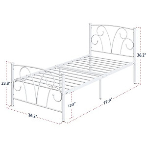 Elephance Twin Bed Frame with Headboard, Metal Platform Bed Frame with 12 Inch Storage Space No Box Spring Needed (White)