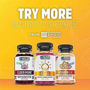 Zhou Nutrition Vitamin D3 K2, Bone and Heart Health Formula 5000 IU Vitamin D3 & 100 mcg Vitamin K2, Max Strength 2 in 1 Immune Support and Calcium Absorption, Gluten Free, 60 Count