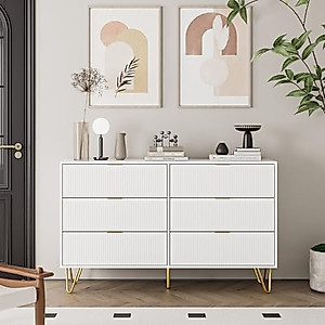Aobafuir 6 Drawer Dresser, Drawer Chest, Tall Storage Dresser Chest Cabinet Organizer Unit with Metal Legs, Large Dresser for Bedroom, Living Room, Closet, Hallway White Stripe