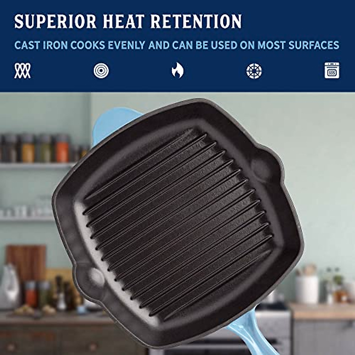 Country Living Enameled Cast Iron Square Griddle Grill Pan with Ridges, Helper Handle and Pouring Spouts for Easy Draining, Indoor Grilling Skillet, 11-Inch, Blue