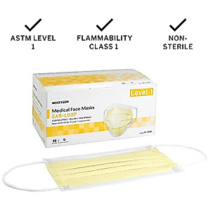 McKesson Medical Face Masks, Level 1 - Pleated with Ear Loops, Non-Sterile, Yellow - One Size Fits Most Adults, 7 in x 3.75 in, 50 Count, 1 Pack