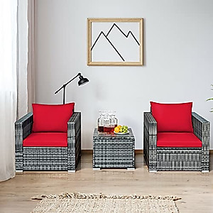 SAWQF 3 PC Patio Rattan Furniture Bistro Set Cushioned Sofa Chair Table Red