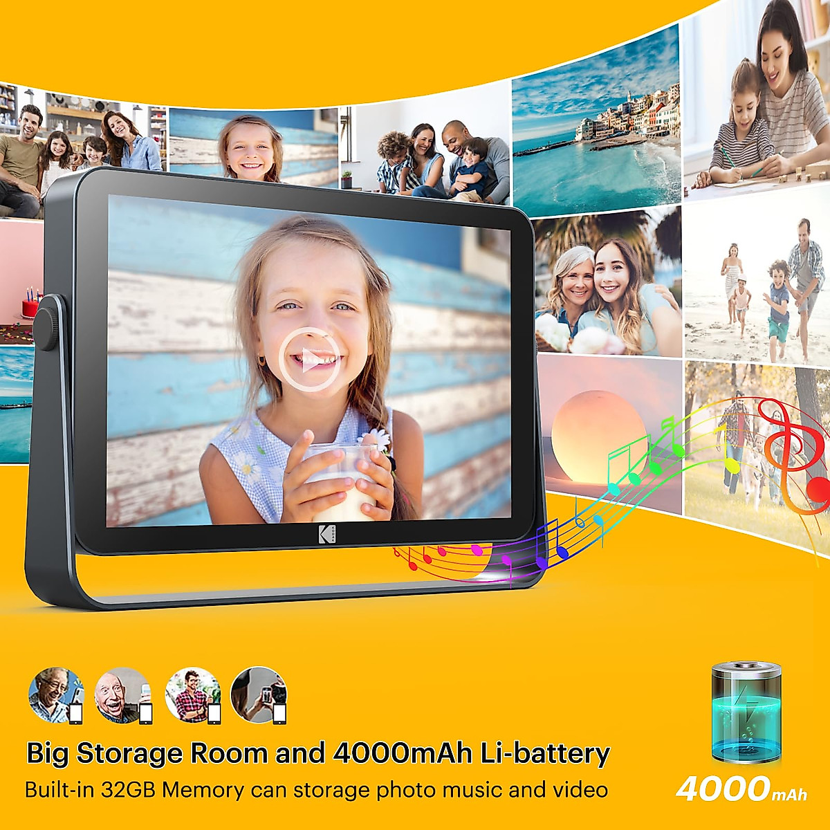 KODAK 10.1 Inch Smart Digital Photo Frame, 4000mAh Battery, 1920x1200 G+G IPS Touch Screen WiFi Digital Picture Frame, Built in 32 GB Memory, Auto-Rotate, KODAK APP, Gifts for Friends Family