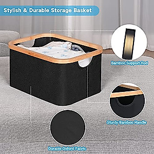 efluky Storage Baskets for Organizing, Fabric Storage Bins with Bamboo Handles, Collapsible Storage Baskets for Shelves and Closet, Black Set of 2