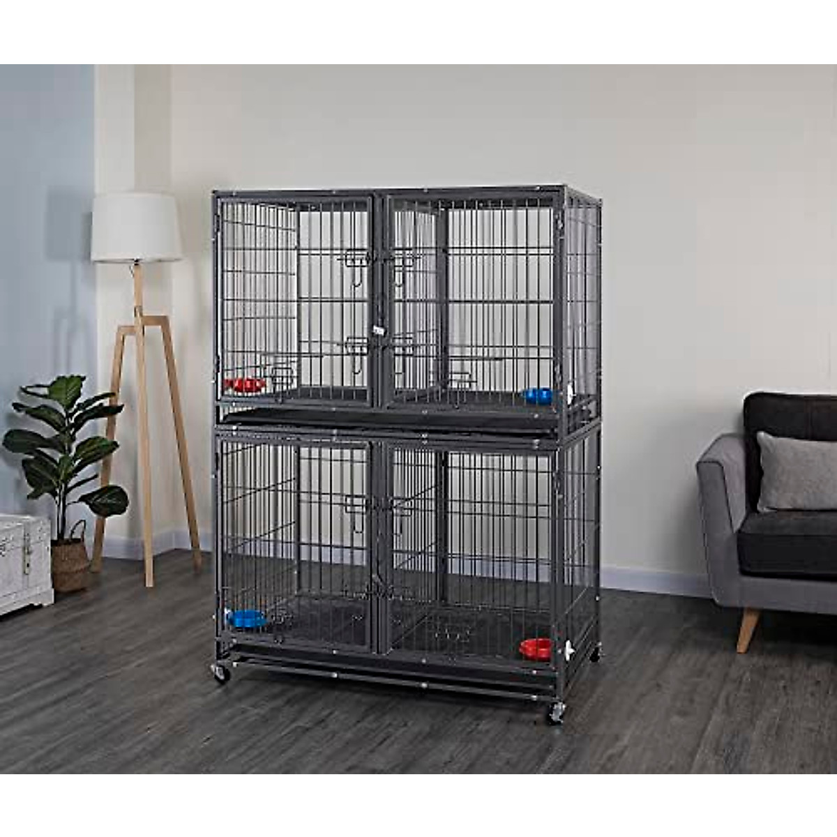 Go Pet Club 44" Heavy Duty Stackable Cat Dog Pet Metal Crate Kennels Outdoor and Indoor with Divider and Water Bowls, Large