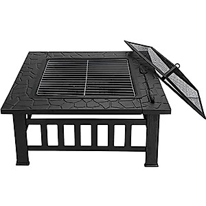 Fire Bowl Frame 32" Square Metal Grate Grill Mesh Lid Rain Cover Outdoor Heating Pits Fireplaces Patio Lawn Garden Cooling Stove Burning Backyard BBQ Barbecue Airflow Family Friend Camping Picnic