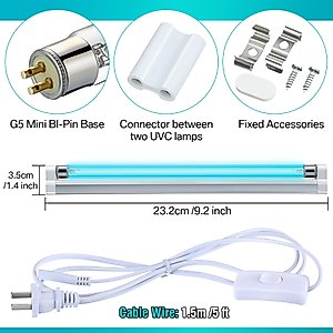 Qualirey UV Light with Ozone, Double Germicidal, 110V UVC Germicidal Lamp with ON/Off Switch Cord and Plug, 254nm Wavelength UVC Light with Connector and Screw Tools for Closet Shoe Cabinet(6 W)