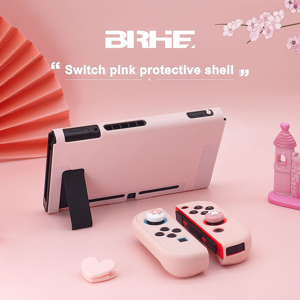 BRHE Protector Case for Nintendo Switch Cover Case with Glass Screen Protector, Anti-Scratch Shock-Absorption Grip Cover-Pink