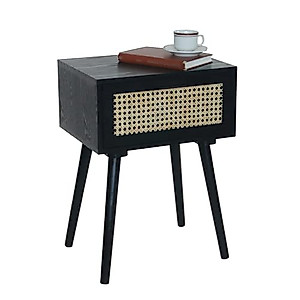 AWASEN Mid Century Nightstand with Drawer, Rattan Side Table for Living Room, Bedroom and Small Space, Solid Wood Legs & Natural Rattan Bedside Table, Easy Assembly (Black)