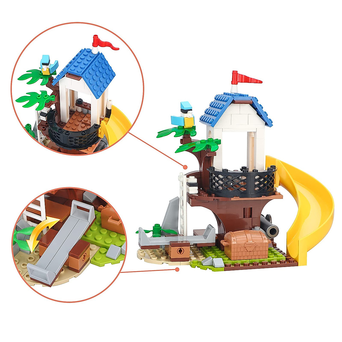 Finebely 3in1 Pirate Ship Building Set with Treasure Island, Toy Pirates Island Building Kit, Outpost with Slide and Seesaw, Creative Playset Pirates Themed Gifts for Boys Ages 6 Years and up, 260 Pcs