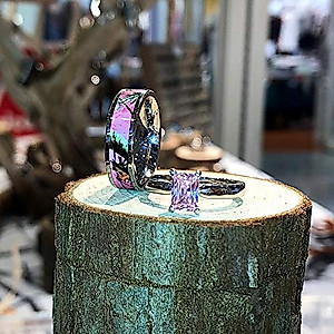 Pink Women`s Stanless Steel Camo and Sterling Silver Tourmaline Engagement Wedding Rings Set (9)