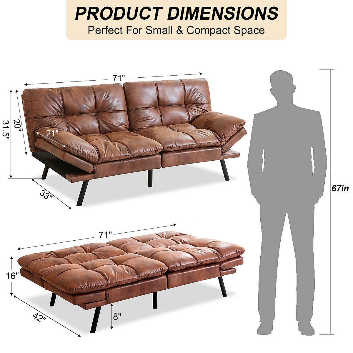 Opoiar, Memory Foam Couch Bed, Modern Sleeper Sofa with Adjustable Armrest&Backrest, Convertible Futon Sets for Compact Living Spaces, Sofabed, Brown-3