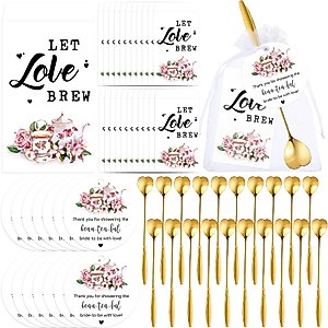 Skybooly 50 Set Tea Party Bridal Shower Favors Tea Bags Tea Packets Kraft Paper Envelopes Heart Spoon Mini Coffee Spoons with Thank You Card and Organza Bag Wedding Souvenirs Tea Party Favor for Guest