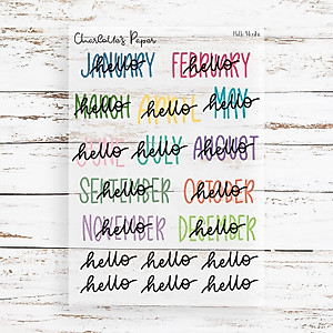Transparent Hello Months Planner Stickers, Undated Planner, Hand lettered Months of the Year Sticker, Decorative Planning Stickers, 18 Stickers, Multicolor Rainbow