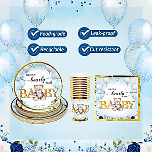Teddy Bear Baby Shower Plates Napkins Tableware - We Can Bearly Wait Party Decorations Blue Teddy Bear Disposable Paper Plates Napkins Cups for Boy Girl Baby Shower Birthday Party Supplies